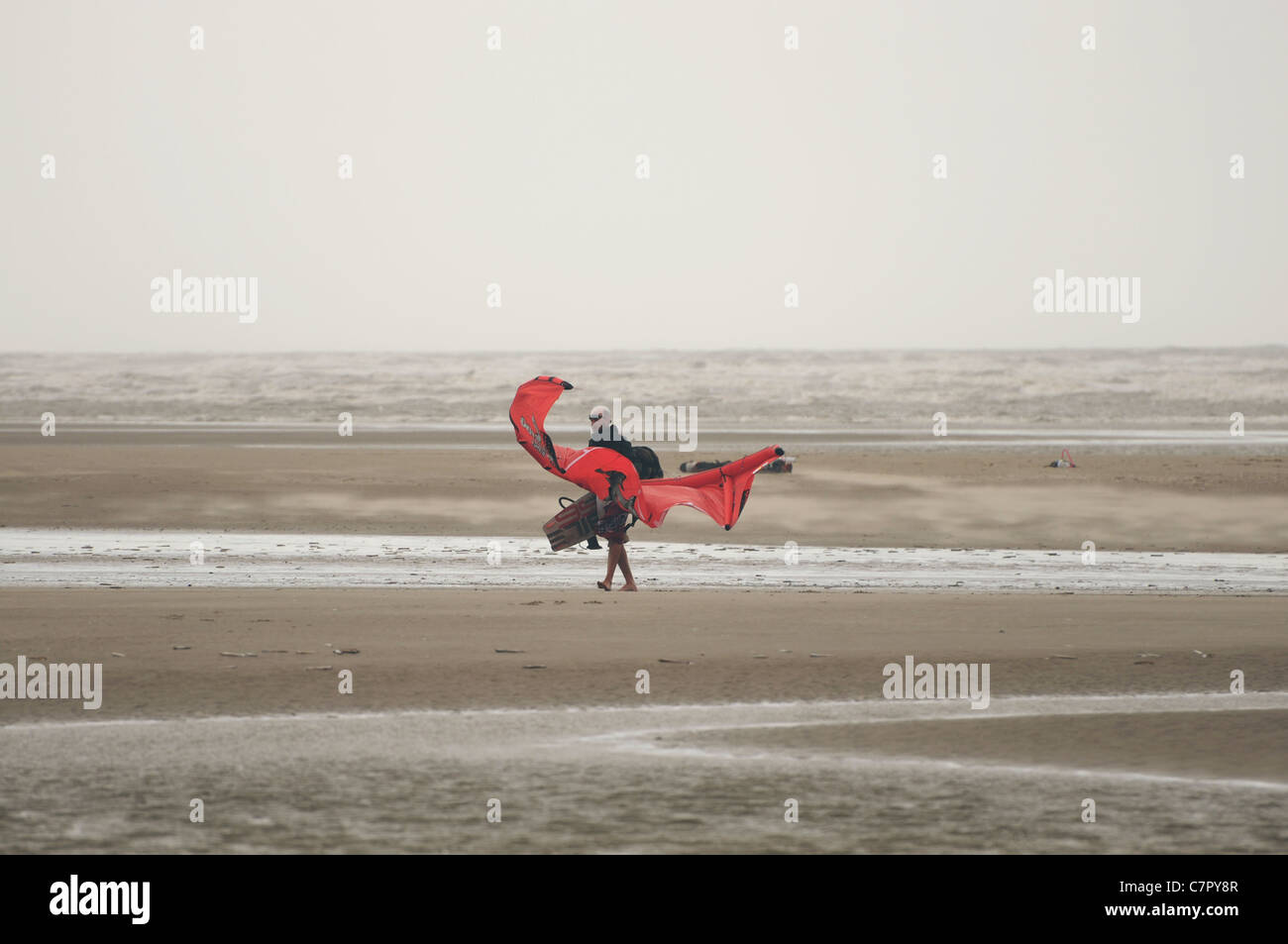 Kite surfer carrying board and kite walking on beach Stock Photo - Alamy