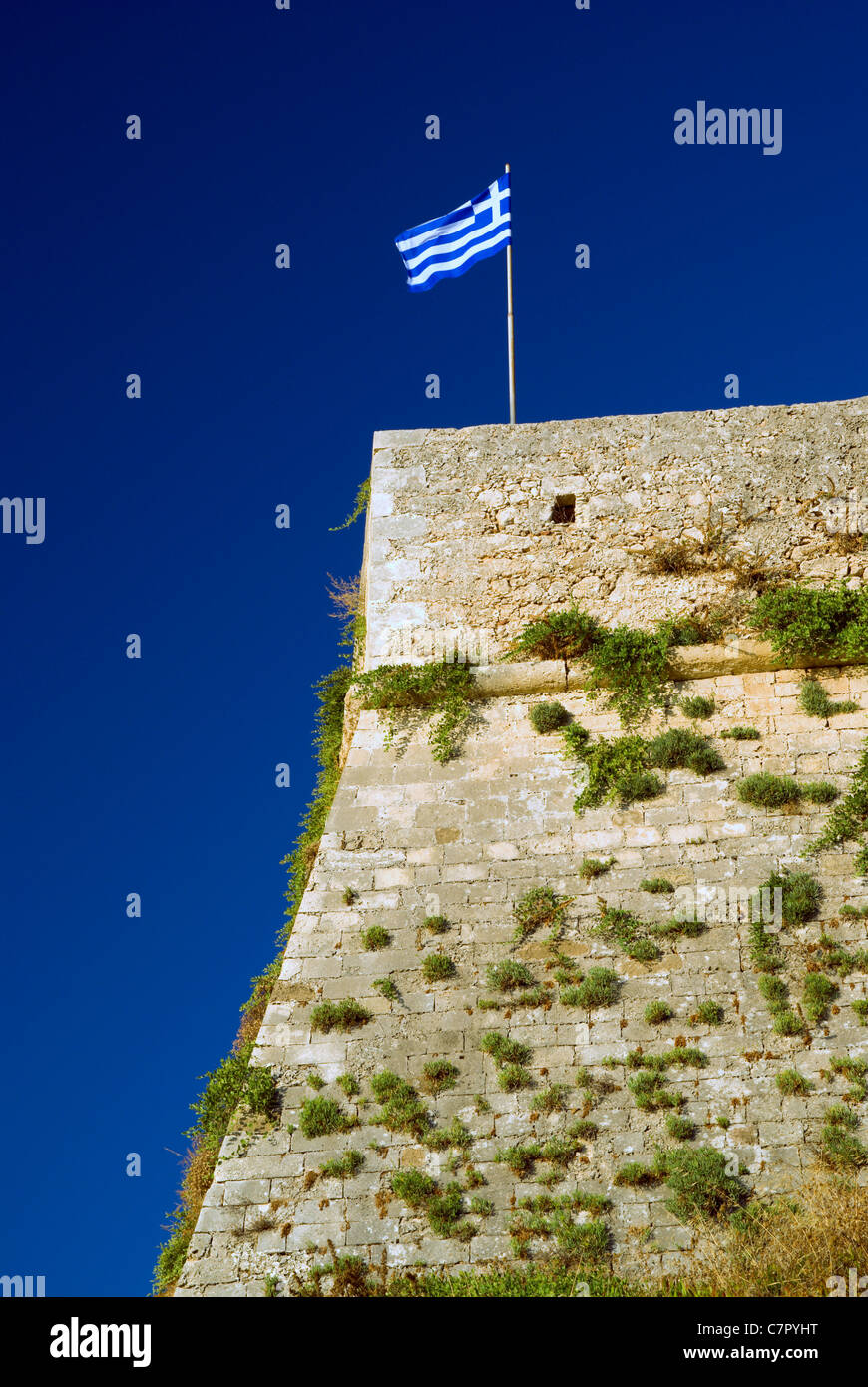 greek flag flying from venetian forteza, rethymnon, crete, greece Stock ...