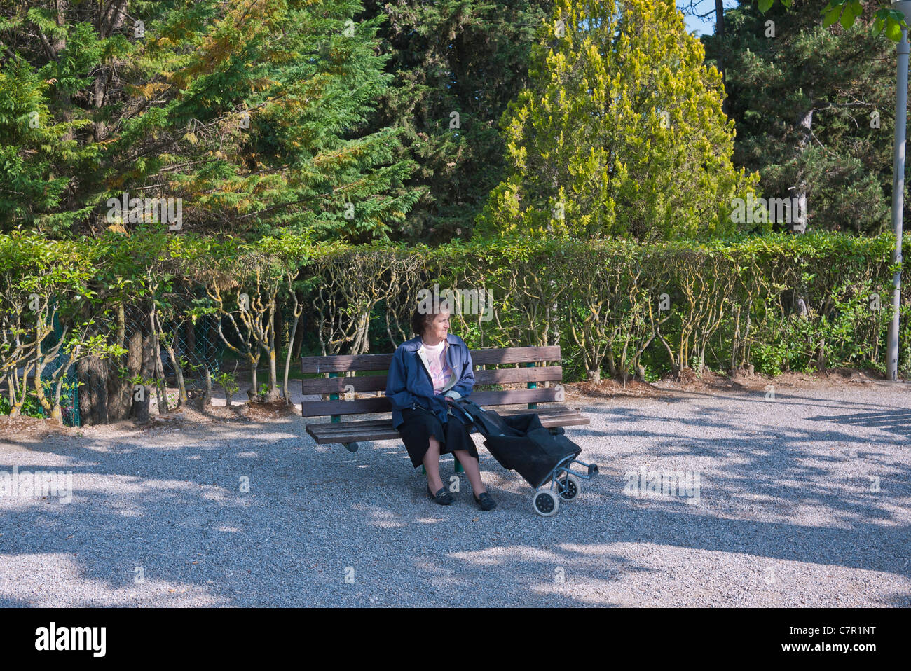 An elderly female senior citizen sits and rests on a park bench to rest ...