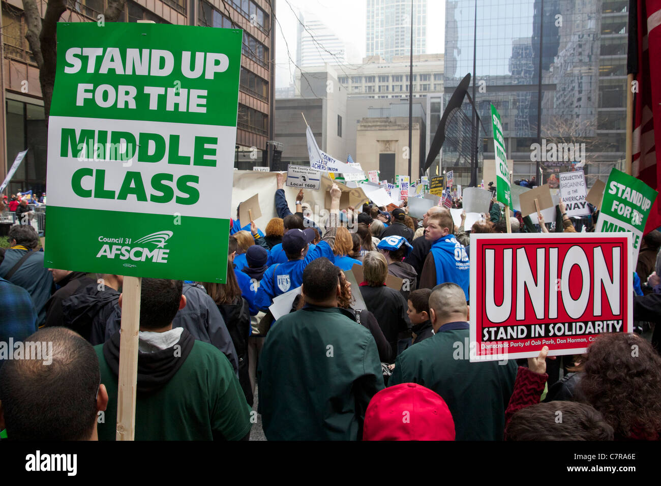 Union supporters demonstrating at Daley Center Plaza, Chicago, Illinois ...