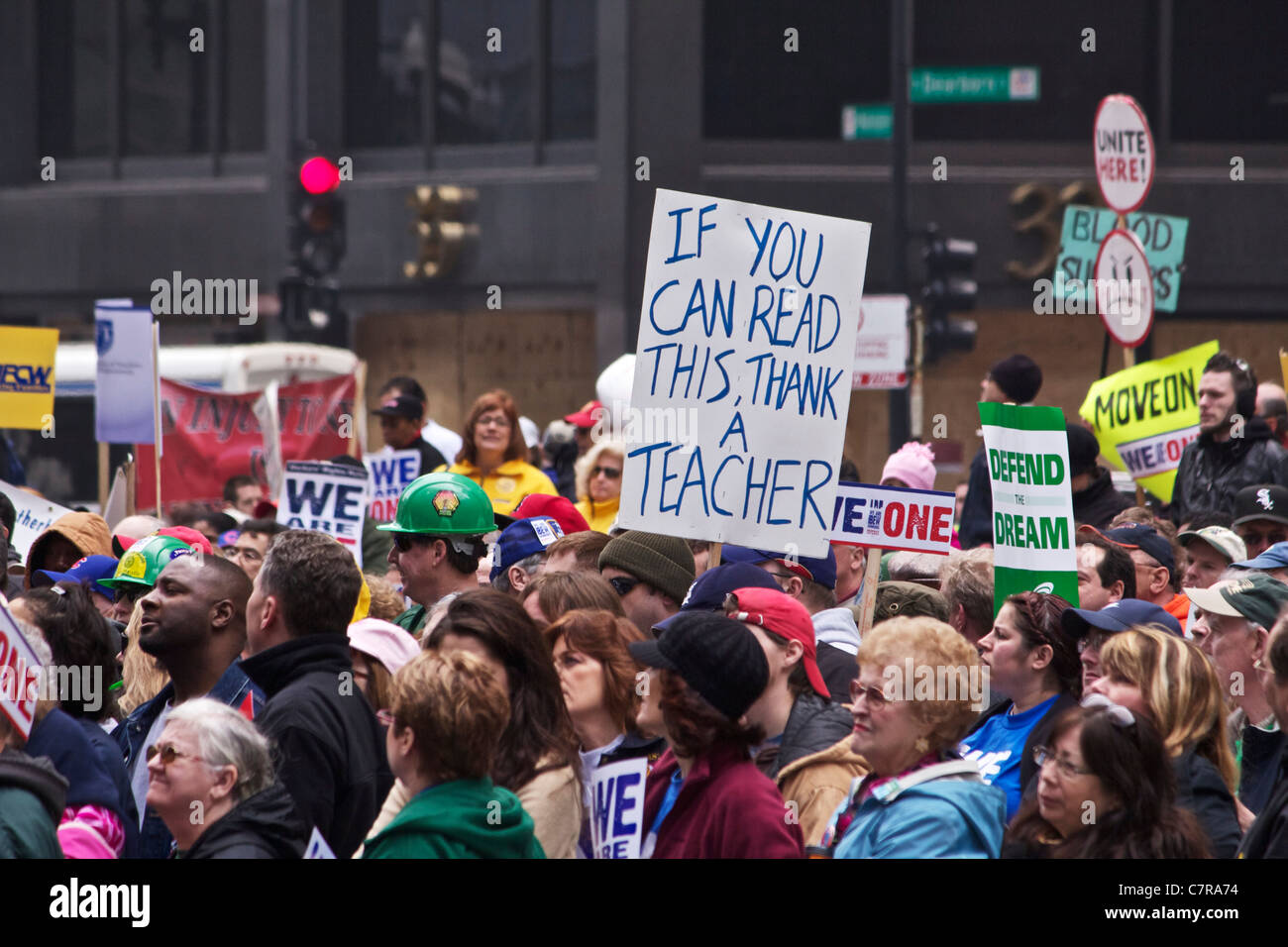 Union supporters demonstrating at Daley Center Plaza, Chicago, Illinois ...
