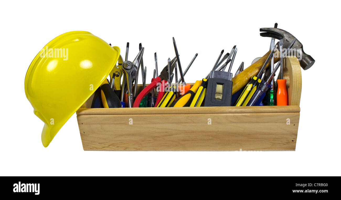 Yellow hard hat and long wooden toolbox full of tools - path included ...