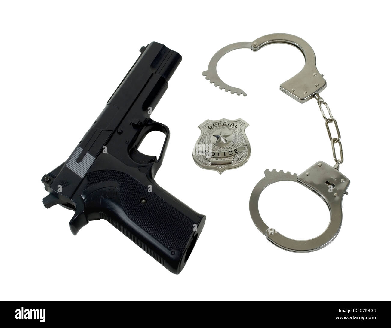 Silver special police badge with a star with gun and handcuffs - path ...