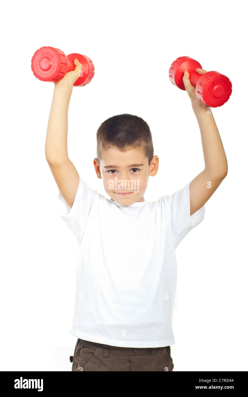 Powerful boy lifting two red dumbbell isolated on white background Stock Photo - Alamy