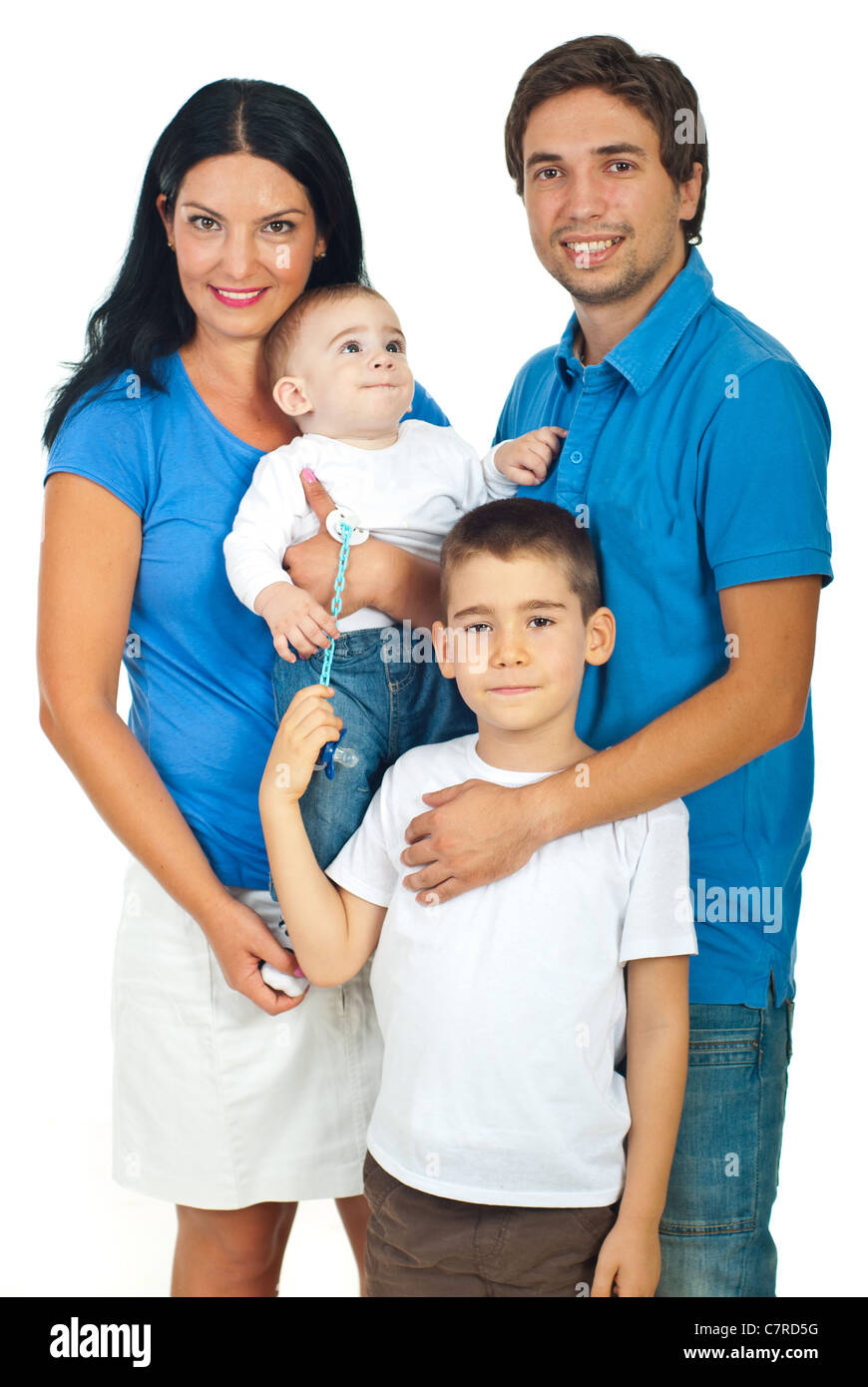 Happy family of four members posing together isolated on white ...
