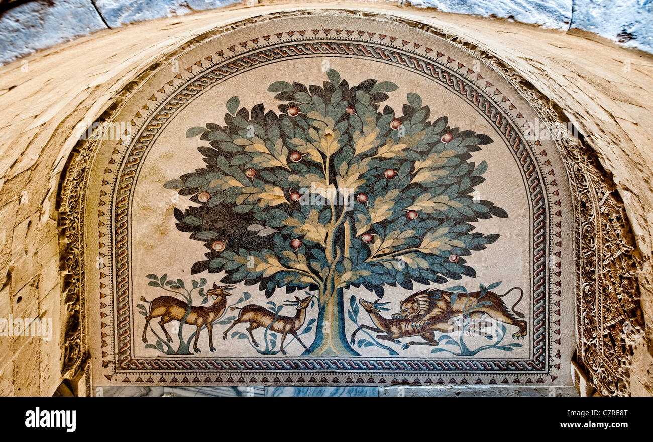 Mosaic known as "The Tree of Life" depicting a tree, gazelles, and a ...