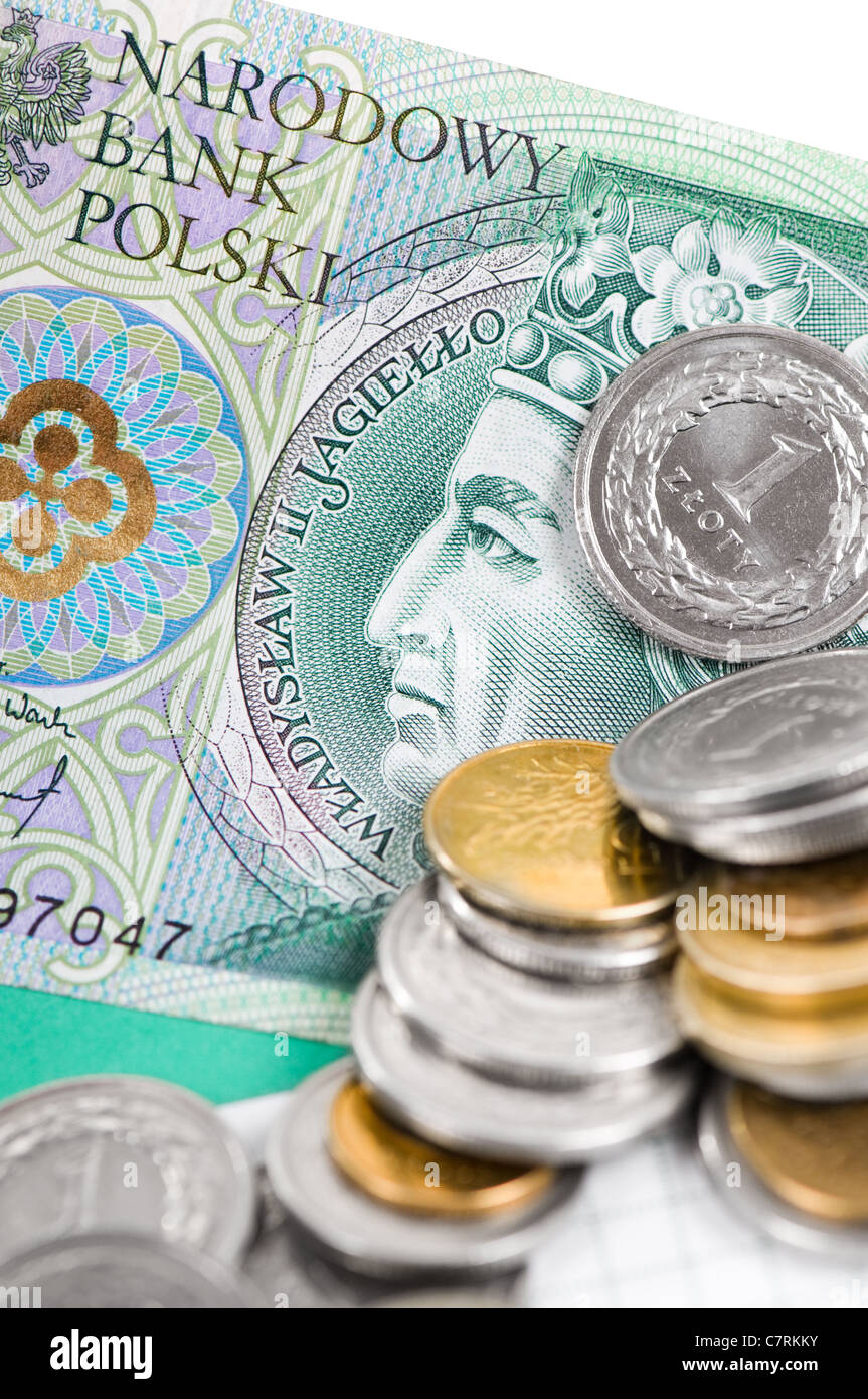 one value polish zloty banknote and coins Stock Photo - Alamy