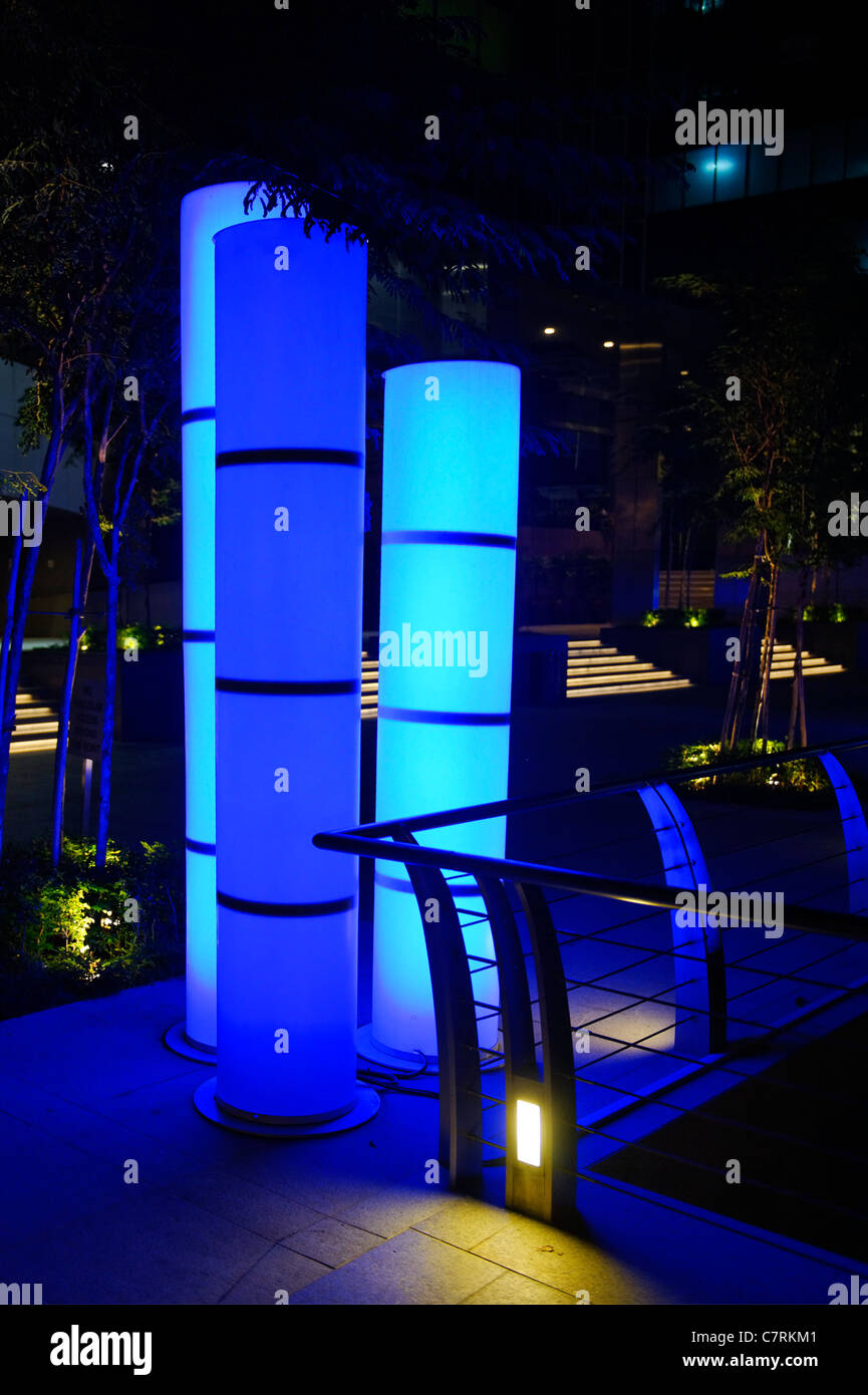 Blue tubular street lighting along the quay outside Customs House in ...
