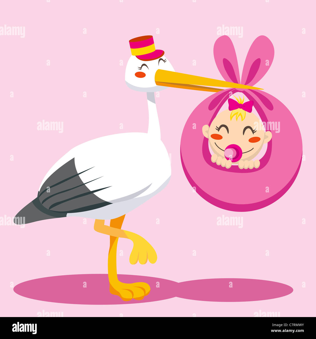 Stork with hat carrying a newborn baby girl on a pink blanket Stock ...