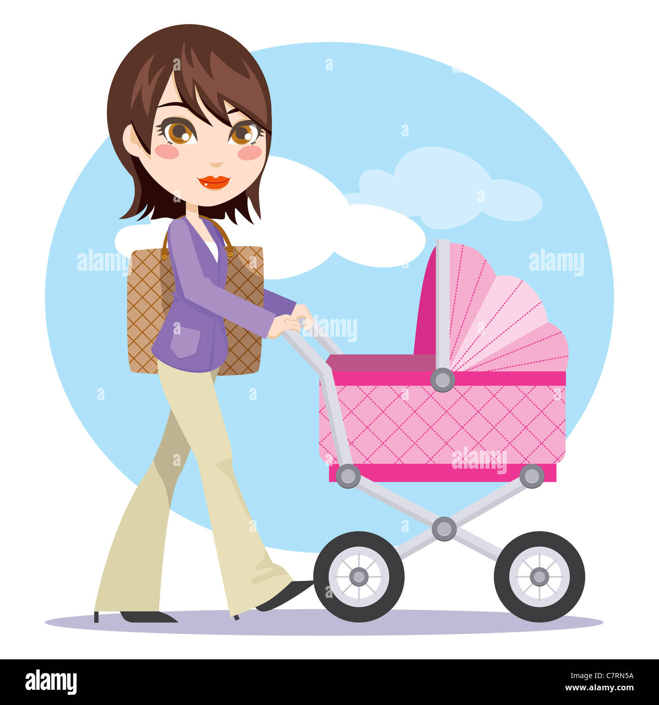 Cartoon mother pushing baby stroller hi-res stock photography and ...