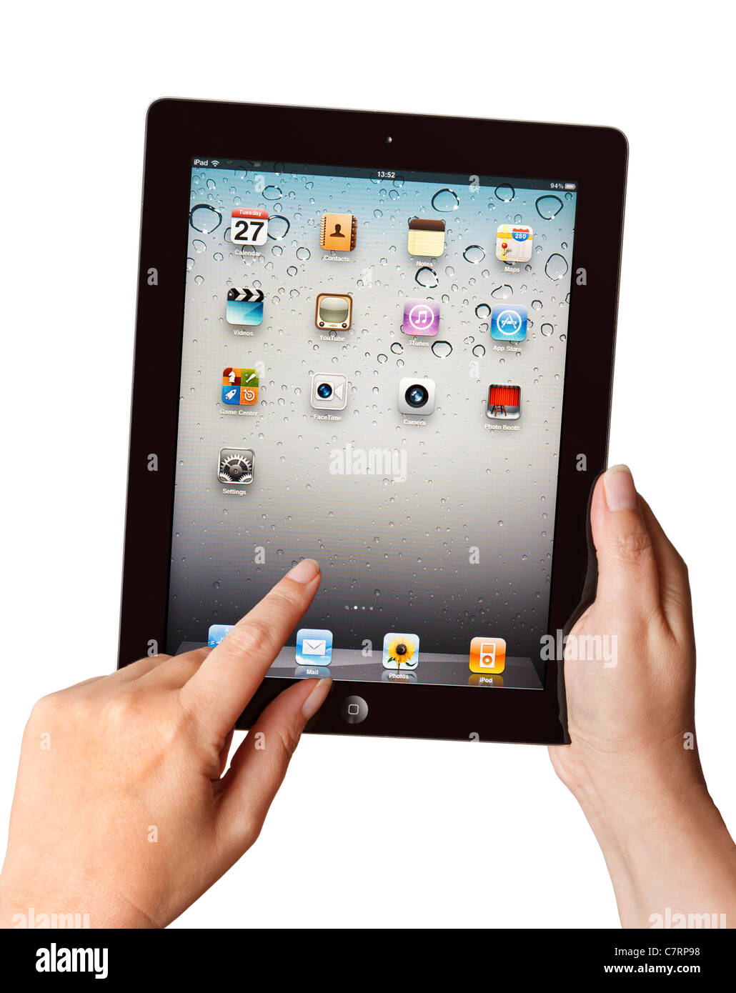 Female hands holding iPad tablet using applications menu screen Stock ...