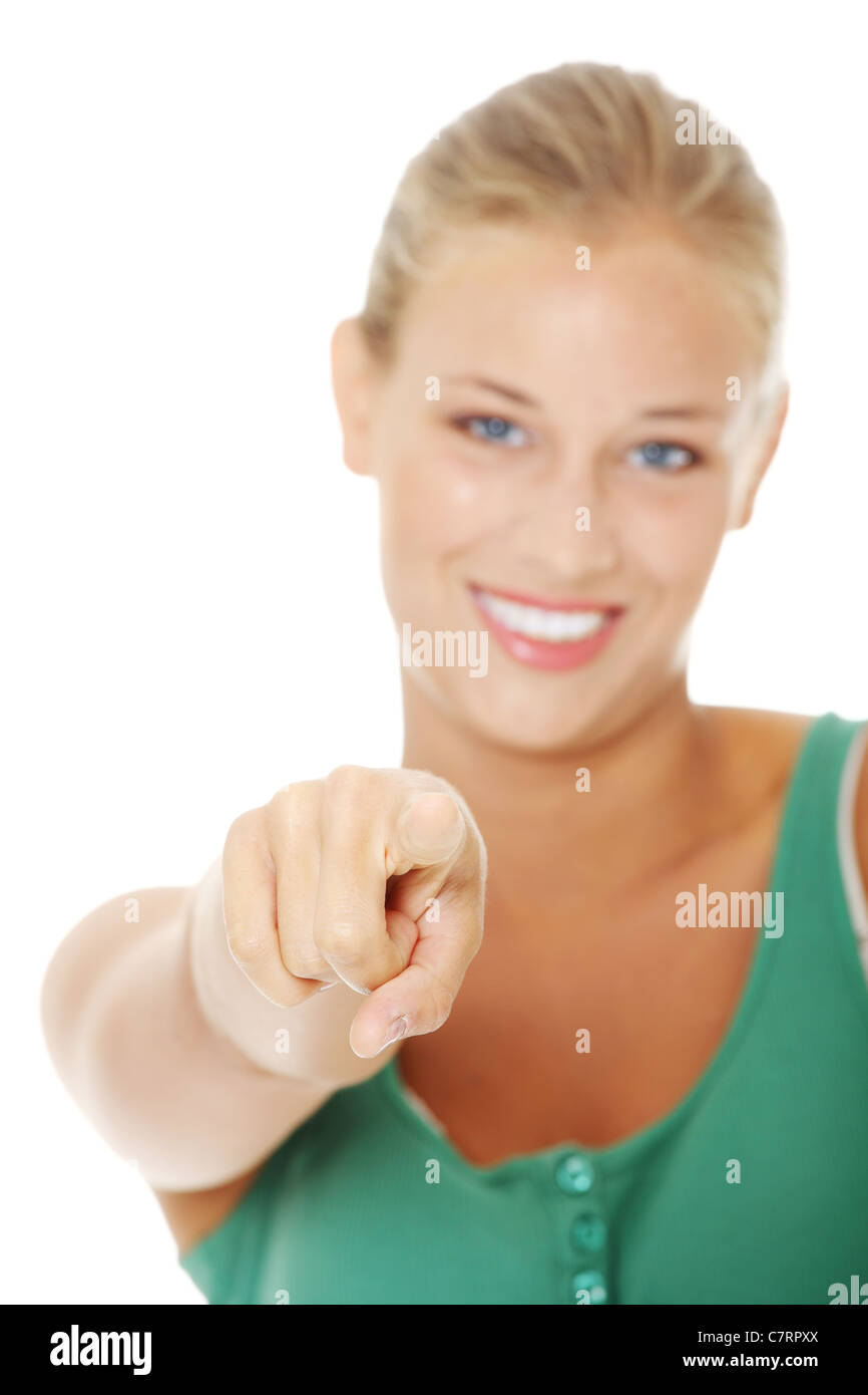 Young student girl pointing at you, isolated on white background Stock ...