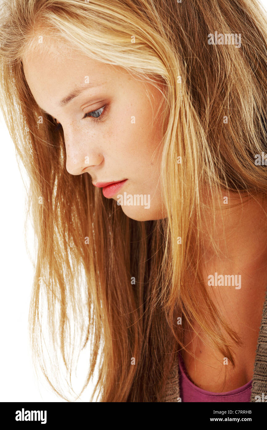 Young beautiful woman in depression. Isolated on white background Stock ...