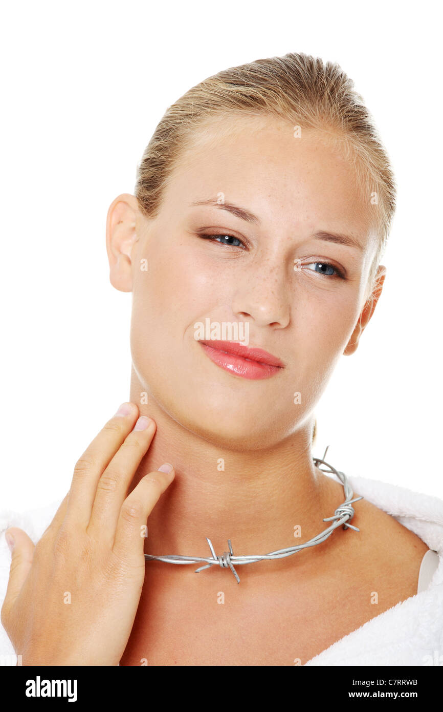 Throat pain concept. Young woman with barbed wire around her throat ...
