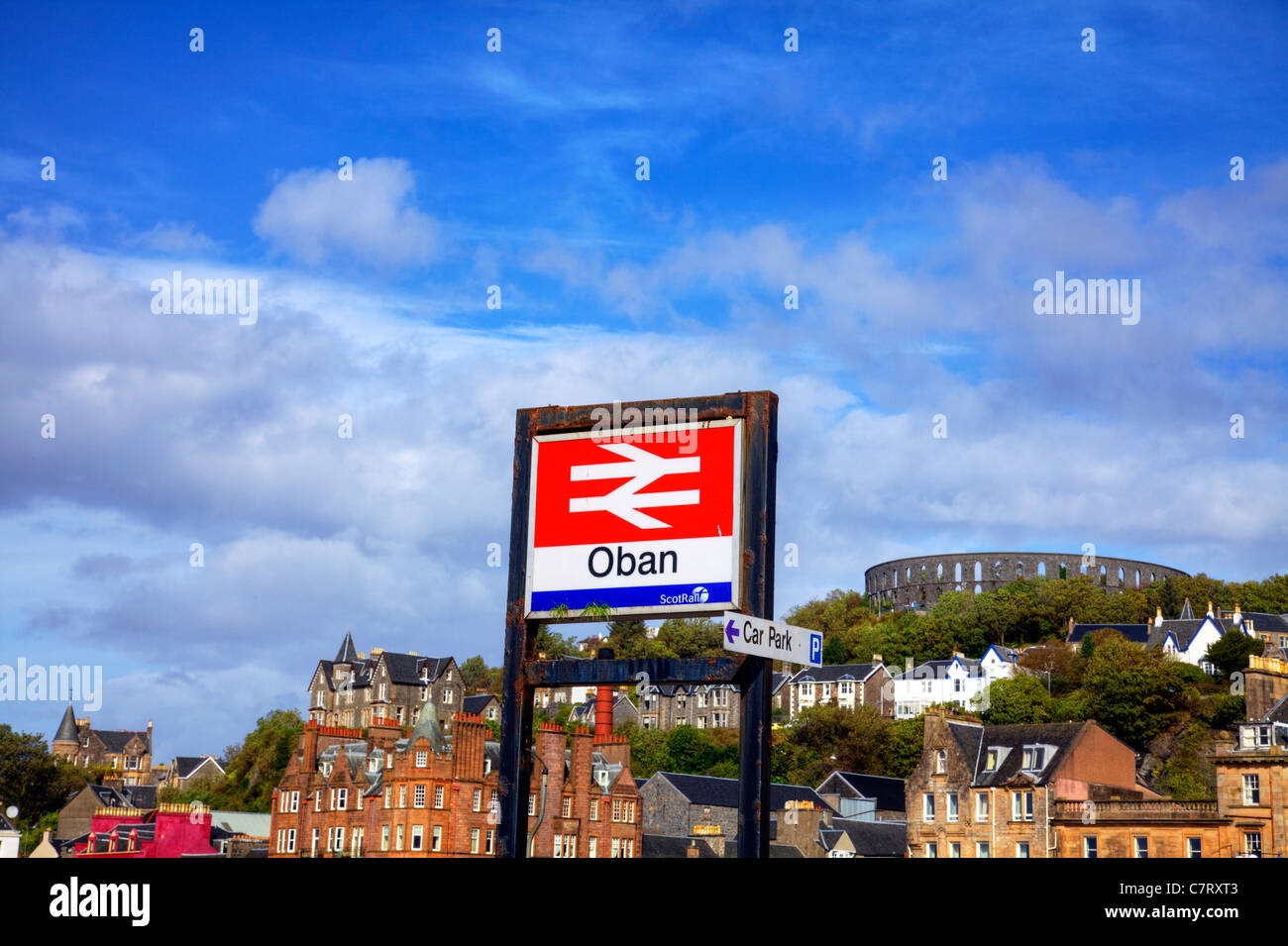 Sign for Oban rail station in Scotland Scottish scotrail town link ...