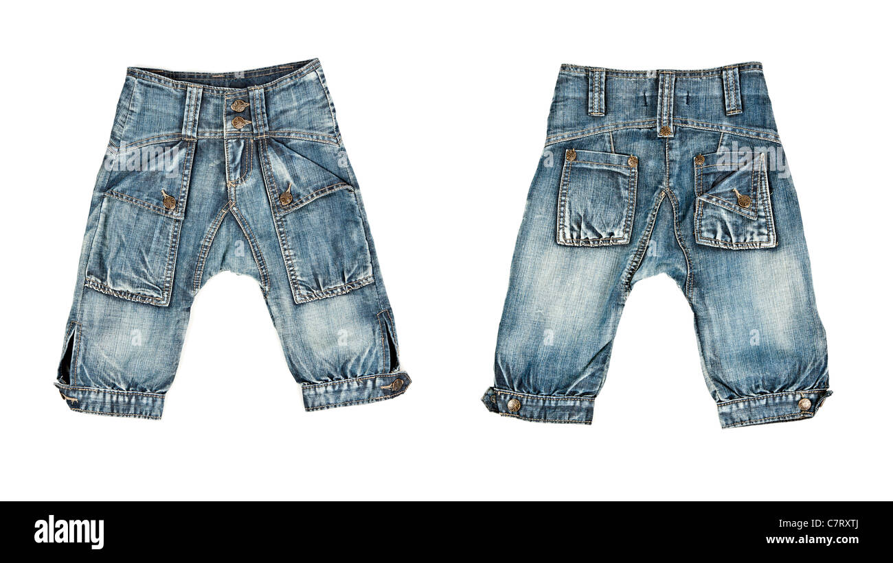 A collage made up of two pairs of trendy jeans for children isolated on ...