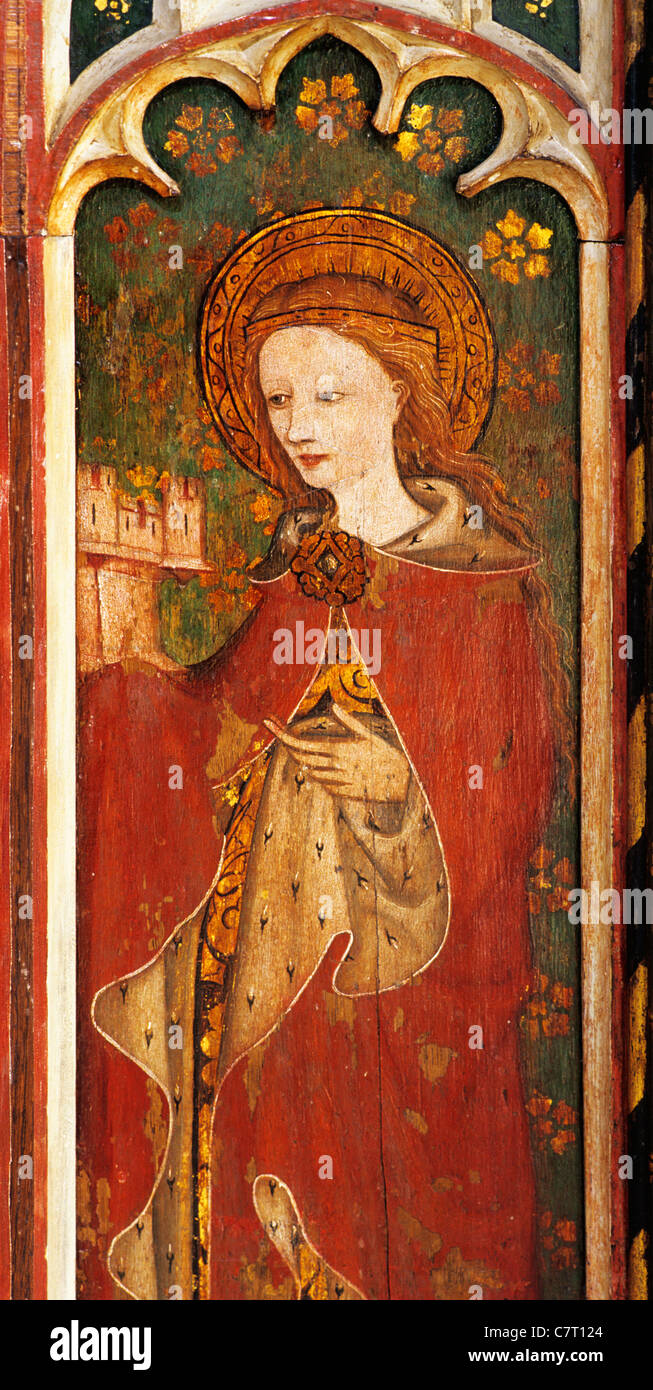 Barton Turf, Norfolk, rood screen, St. Barbara, holding a castle tower ...