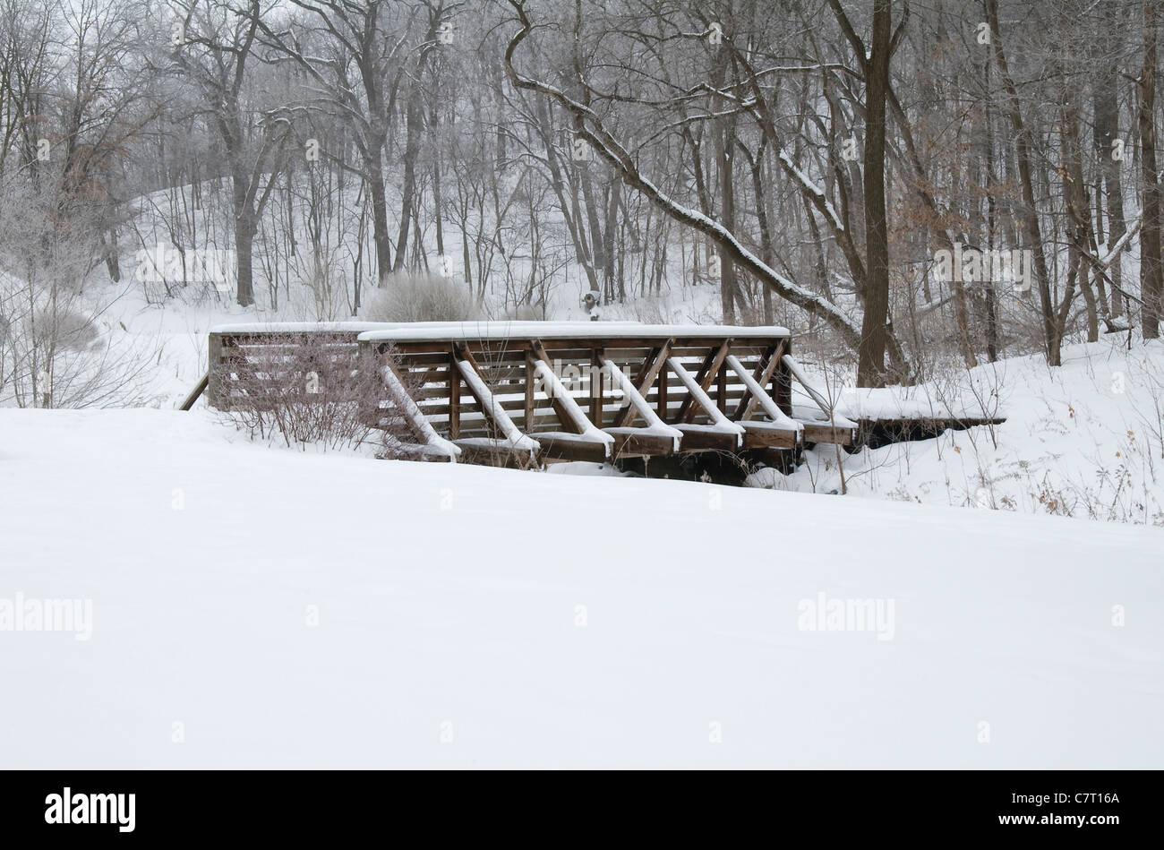 kaposia park after snowfall showing pedestrian wooden bridge and ...