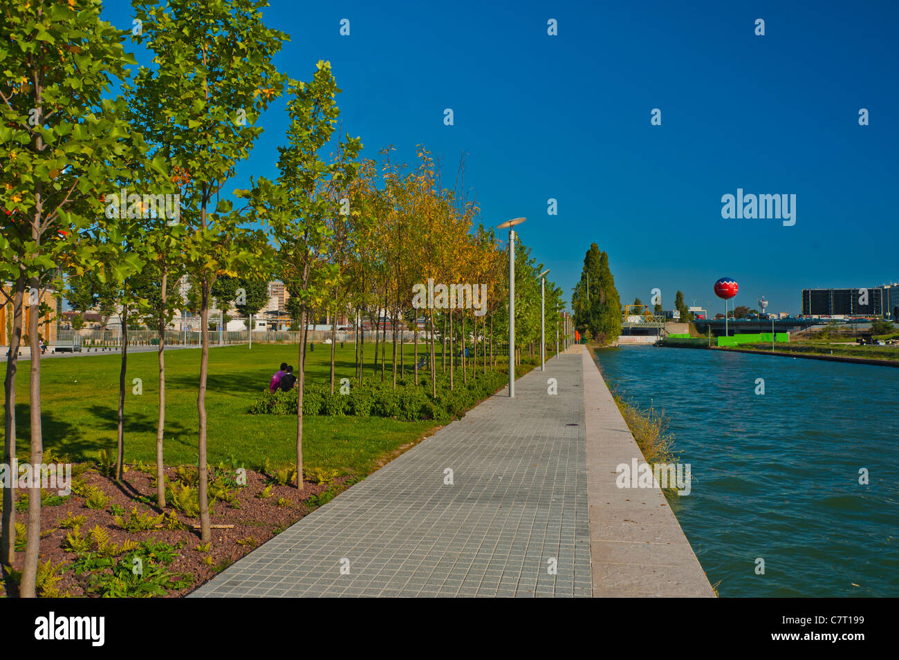 Aubervilliers, France, Canal L'ourcq, Scenic Quay, modern urban garden ...