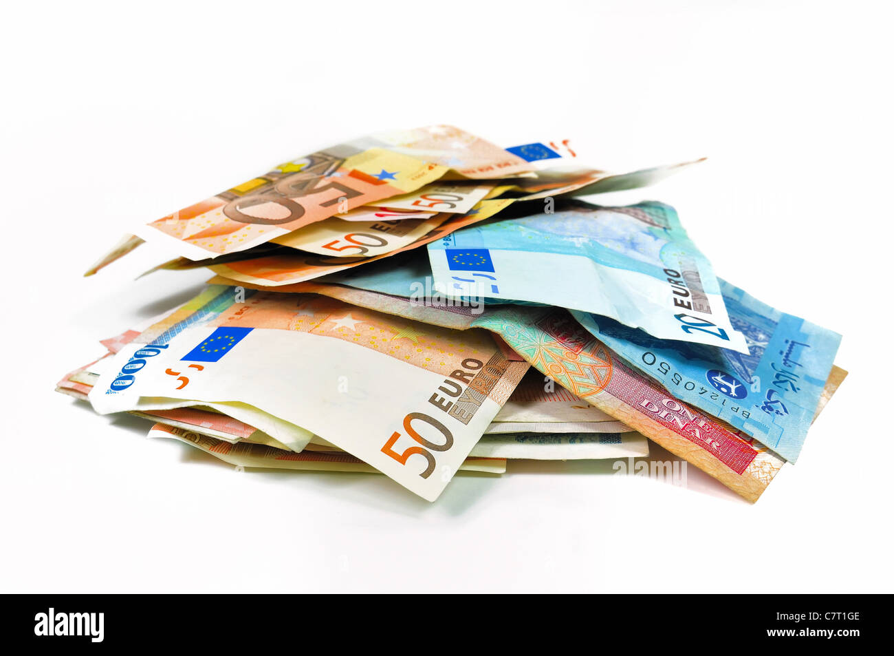 Stack of Euro banknotes and other currencies on white background Stock ...