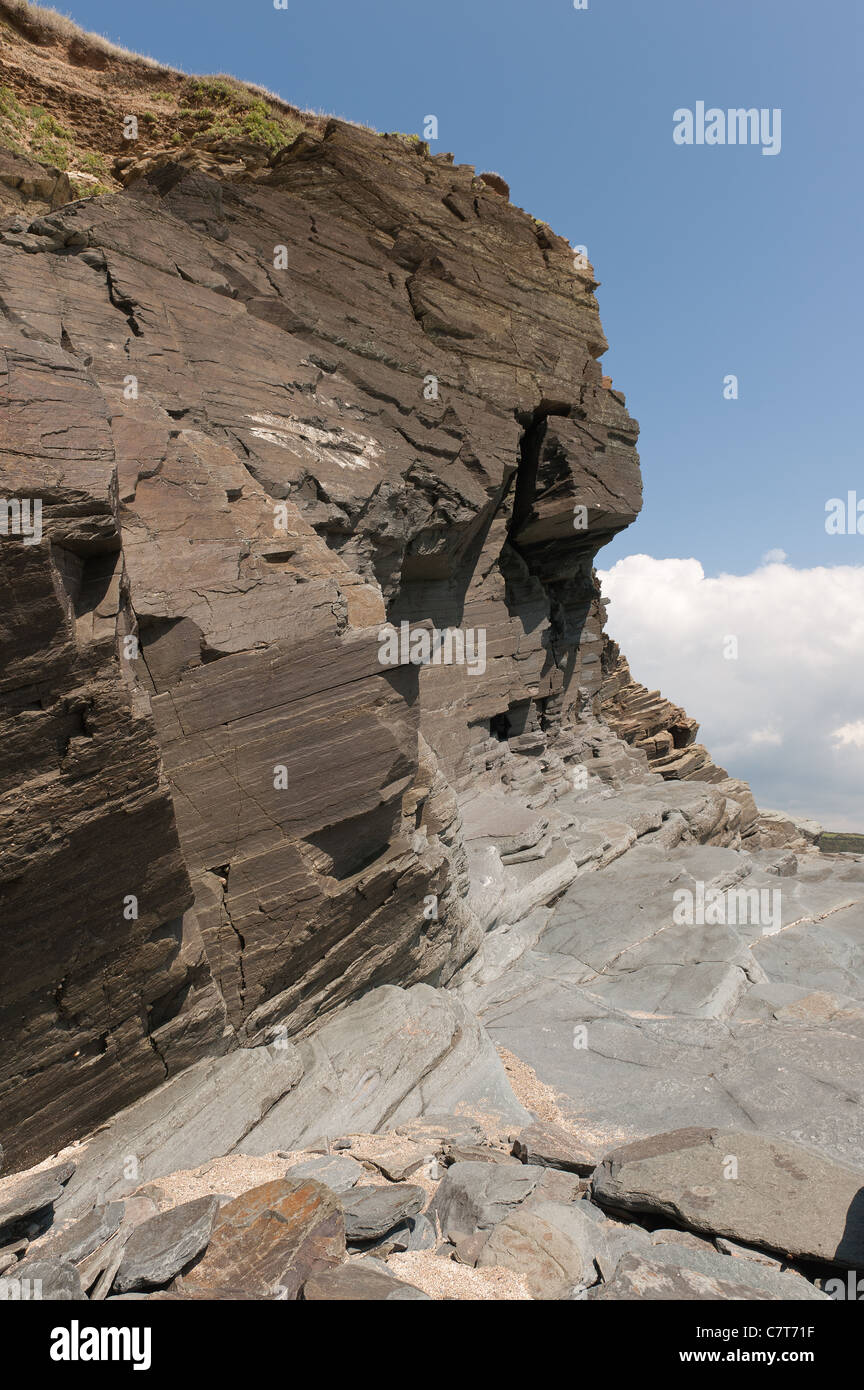 On dried exposed shale rocks at low tide looking back to land mass with ...