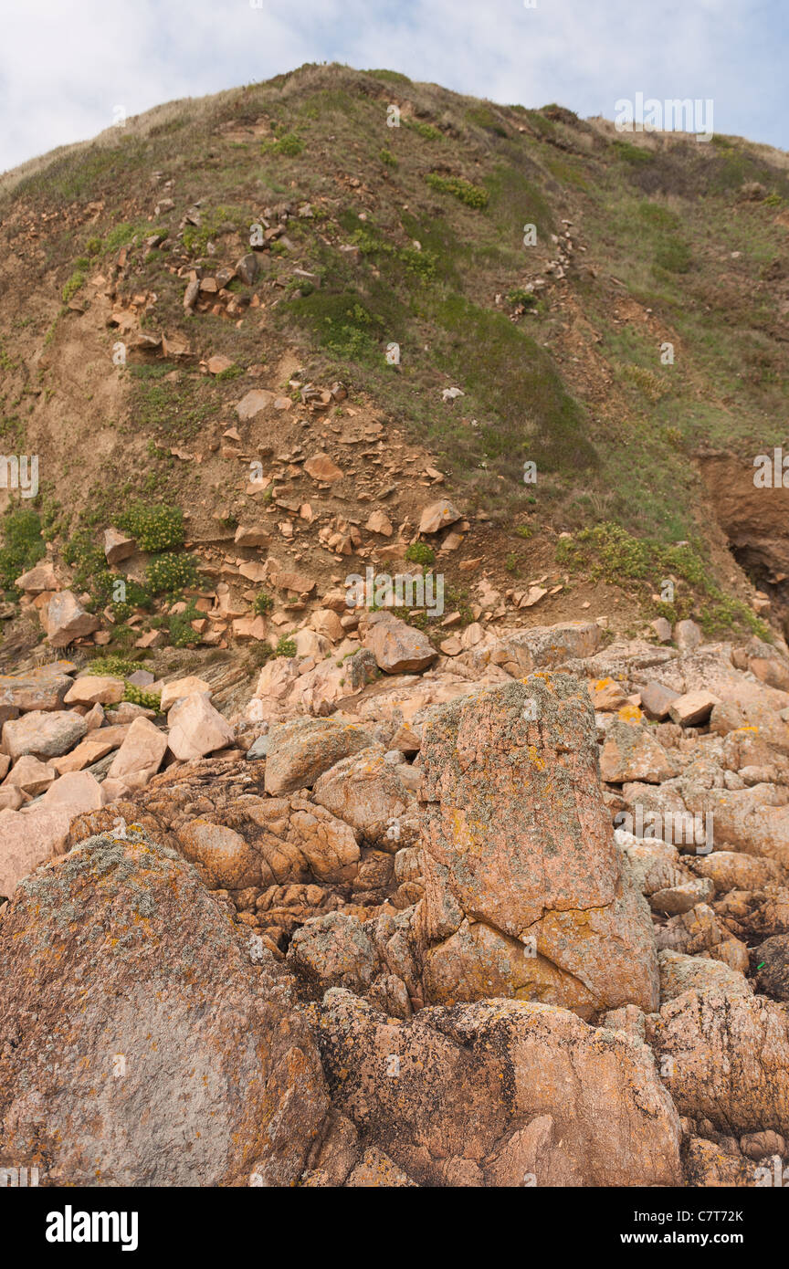 Rockfall 2m sized sandstone boulders washed smooth against schist where ...