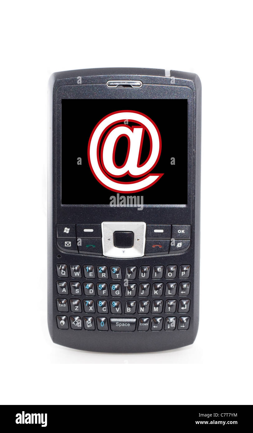 Mobile phone with an email symbol background on the screen.Objects over ...