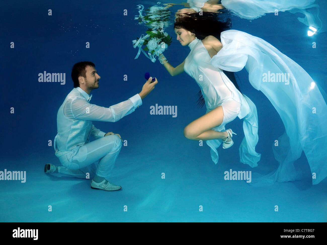 Bride and groom, underwater wedding in a pool Stock Photo - Alamy