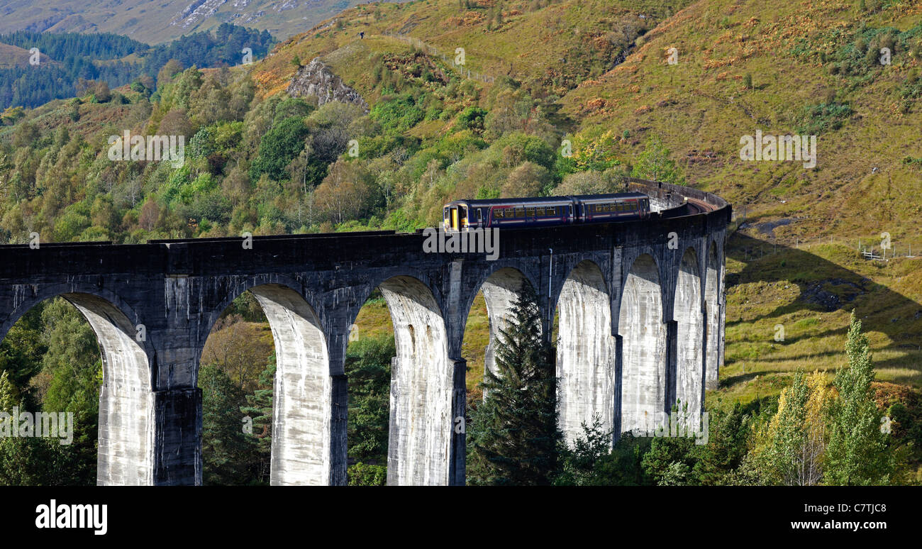First Scotrail diesel train crossing Glenfinnan Viaduct in autumn ...