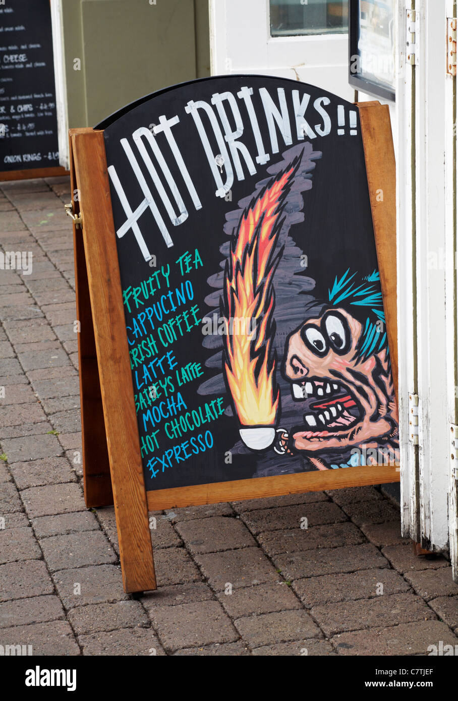 Hot drinks sign advertising fruity tea, cappucino, irish coffee, latte ...