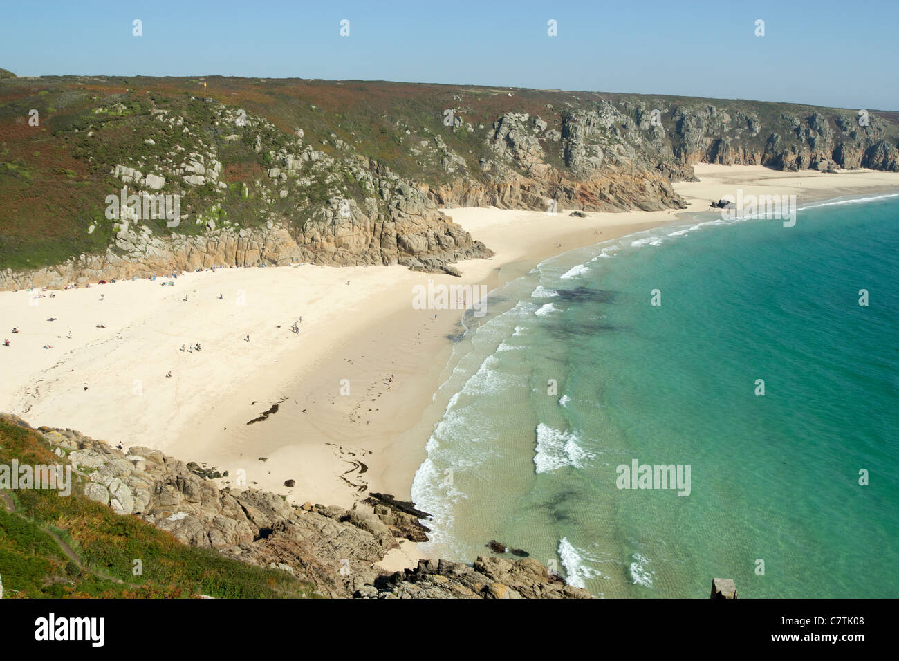 High above Porthcurno beach and Pedn Vounder beach on a low spring tide ...