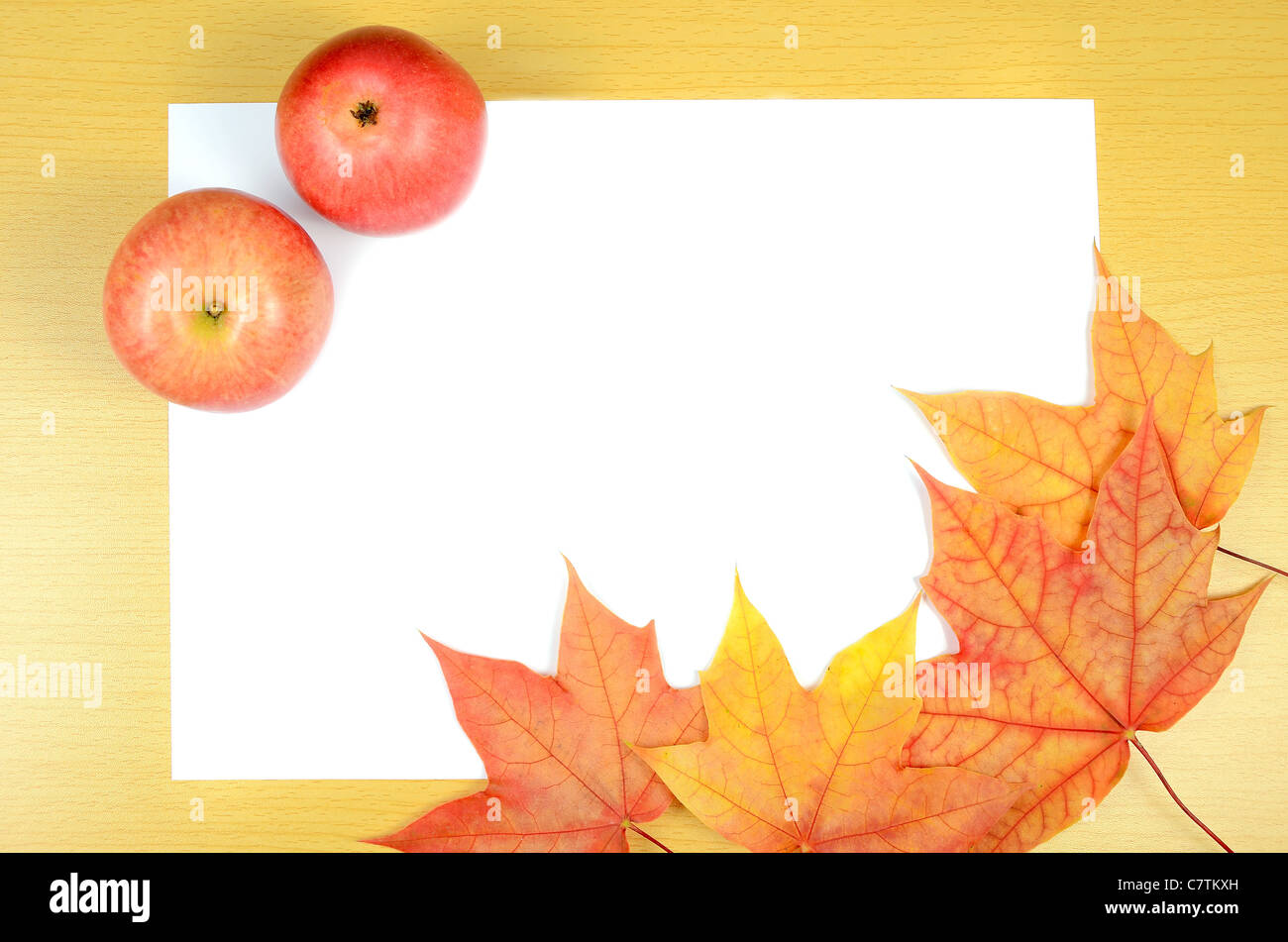 autumn leaves apple and white sheet of paper Stock Photo - Alamy