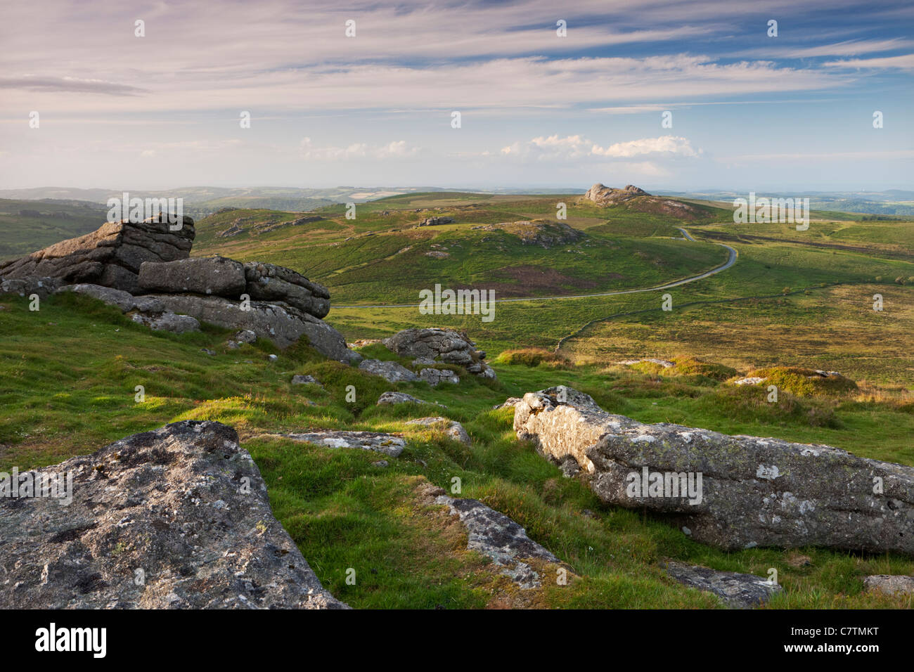 View towards Haytor and Saddle Tor from Rippon Tor, Dartmoor, Devon ...