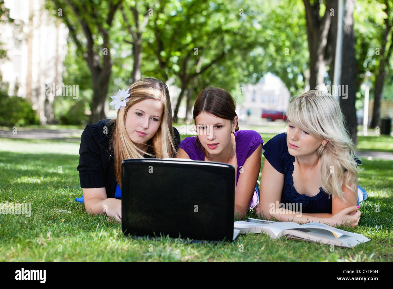 Three students working on laptop on campus ground Stock Photo - Alamy