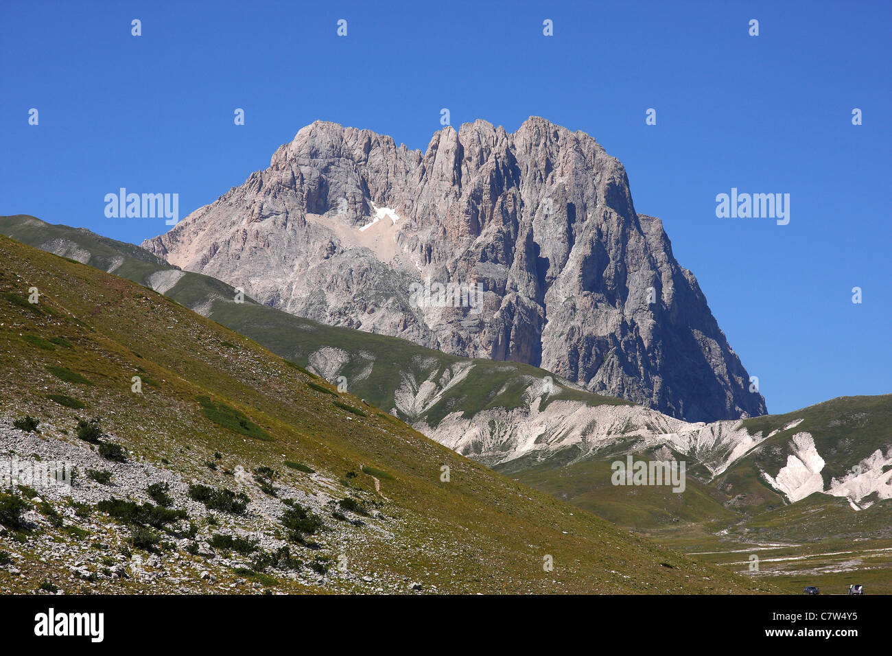 Italy, Abruzzo, Campo Imperatore plain. In the background the Corno ...