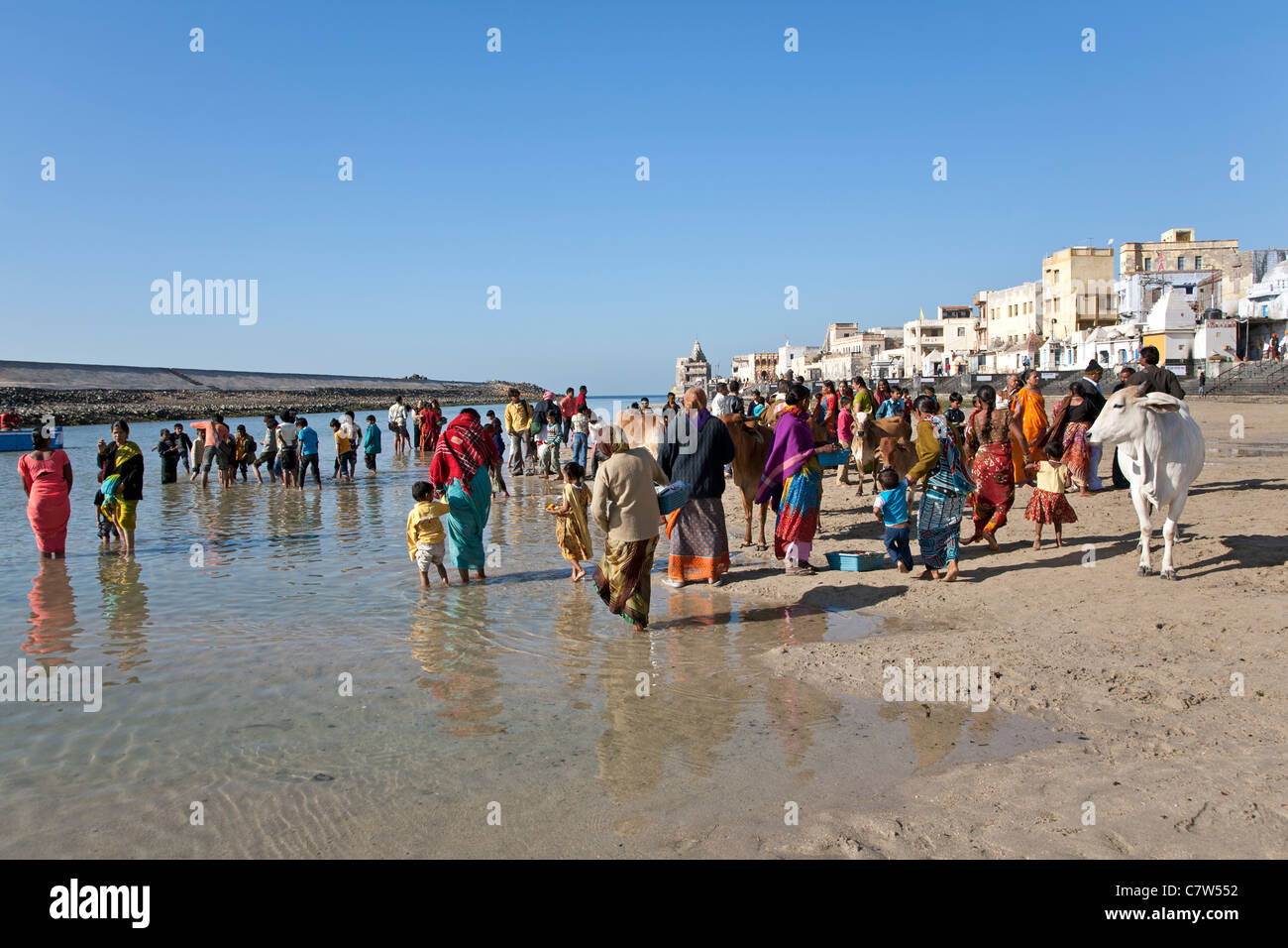Hindu pilgrims taking a holy dip. Dwarka. Gujarat. India Stock Photo ...