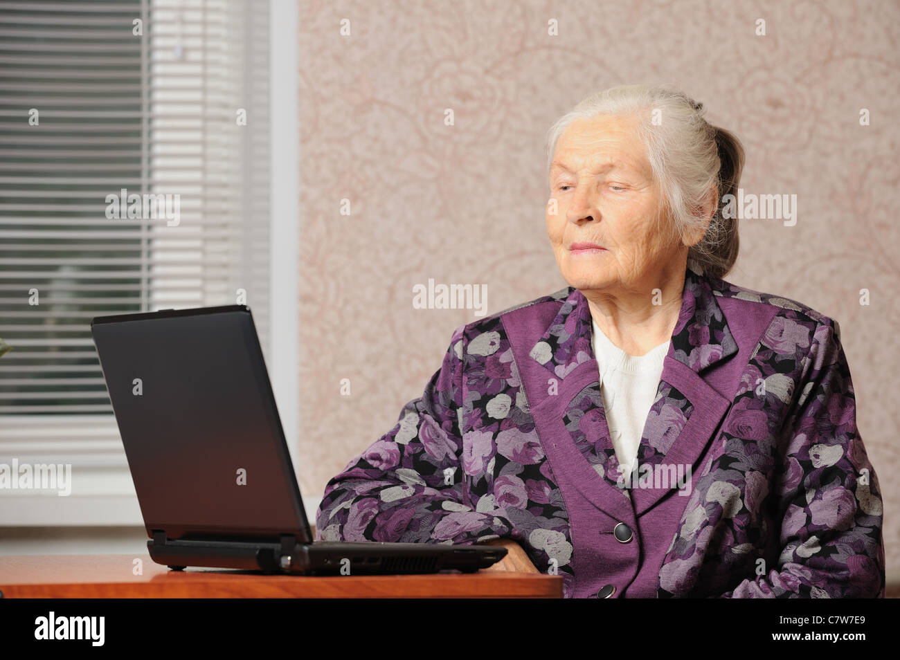 The elderly woman in front of the laptop. A photo in a room Stock Photo ...