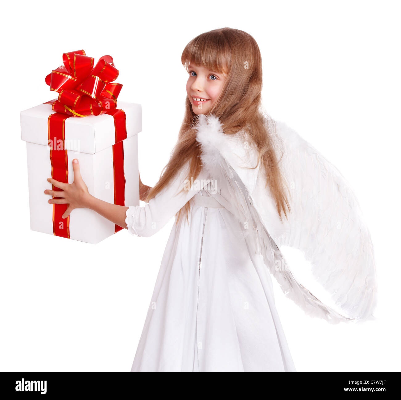 Angel little girl with gift box Stock Photo - Alamy