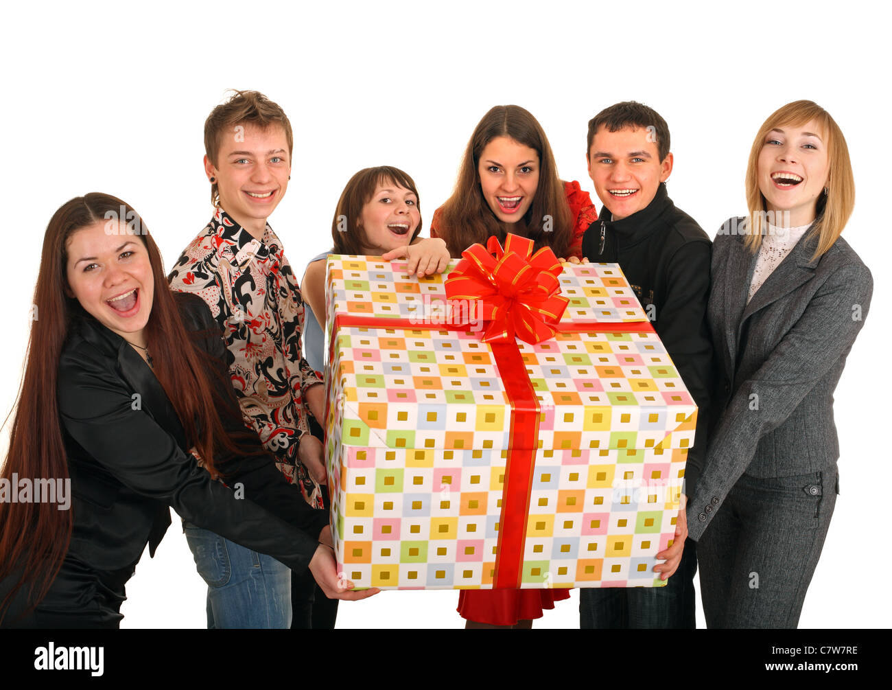 Group of people and gift box Stock Photo - Alamy