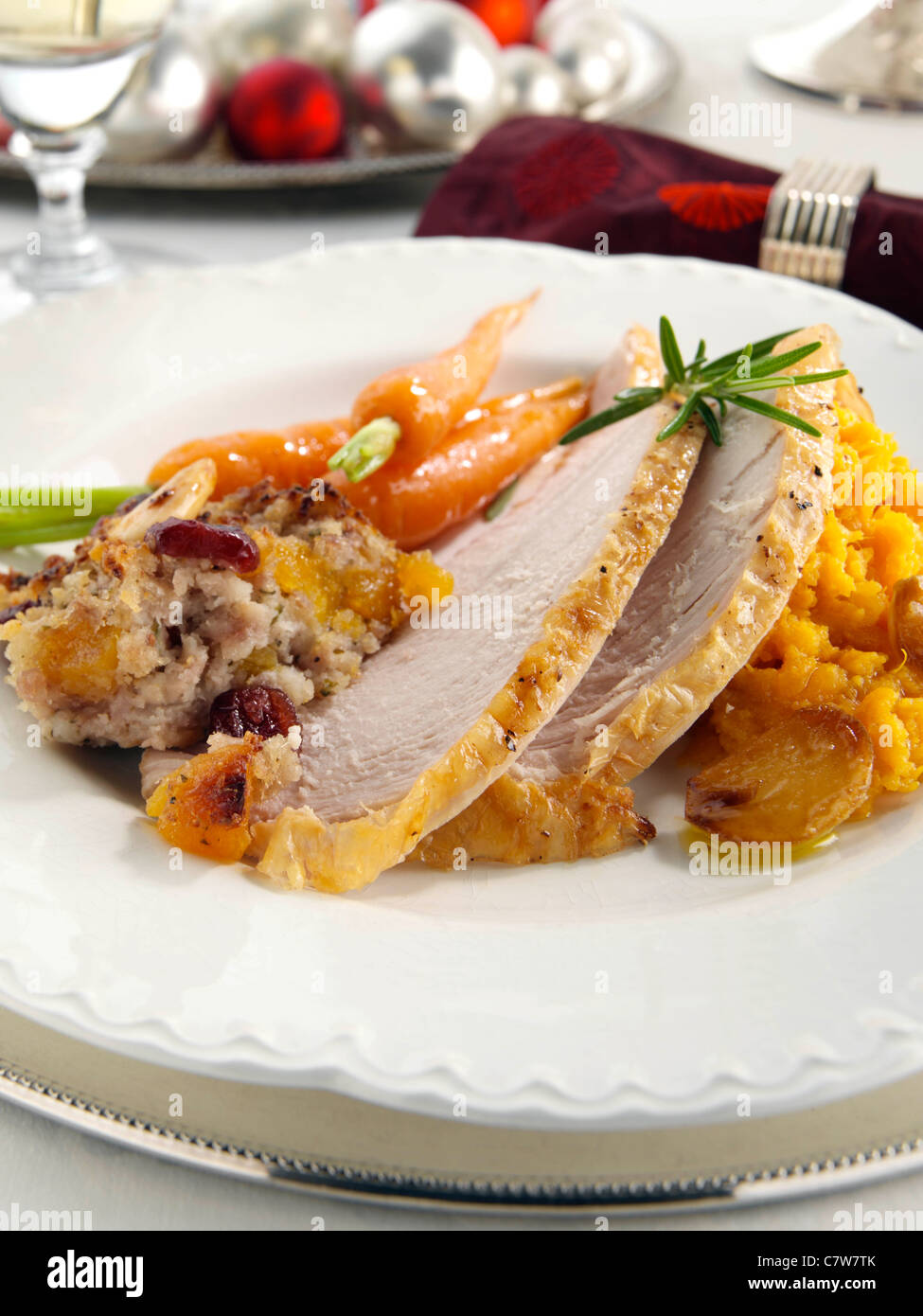 Christmas dinner turkey stuffing carrots and mashed sweet potato Stock ...
