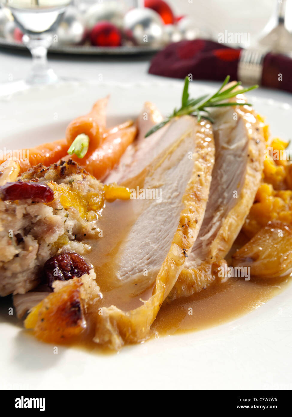 Christmas dinner turkey stuffing carrots and mashed sweet potato Stock ...