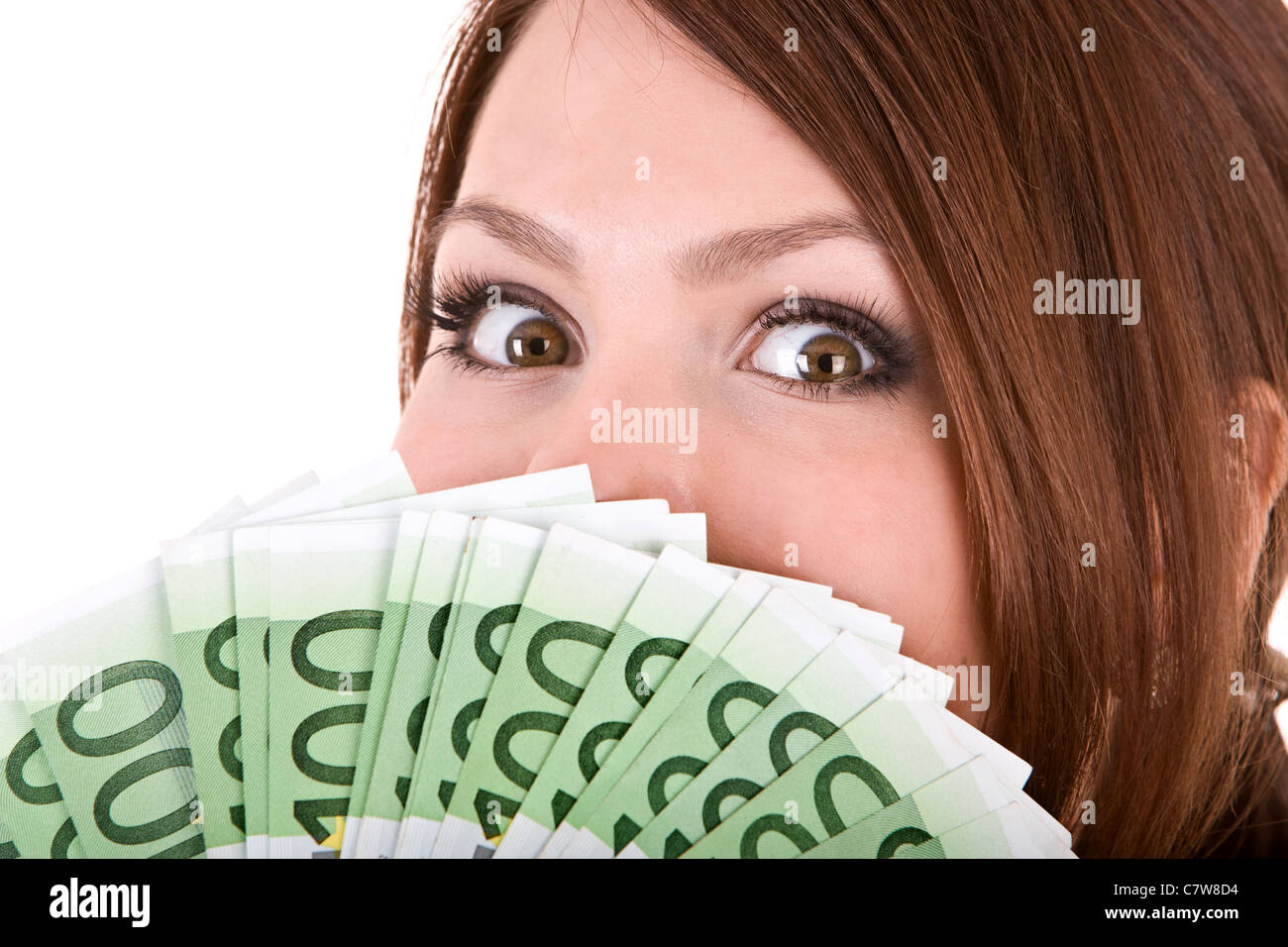 Happy woman with group of money Stock Photo - Alamy