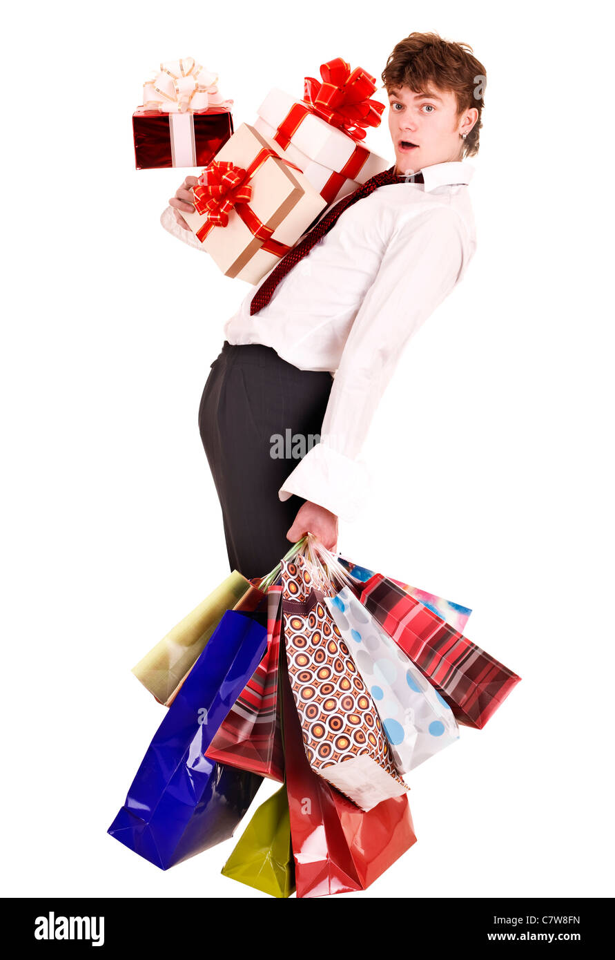 Man with falling group gift box and shopping bag Stock Photo - Alamy