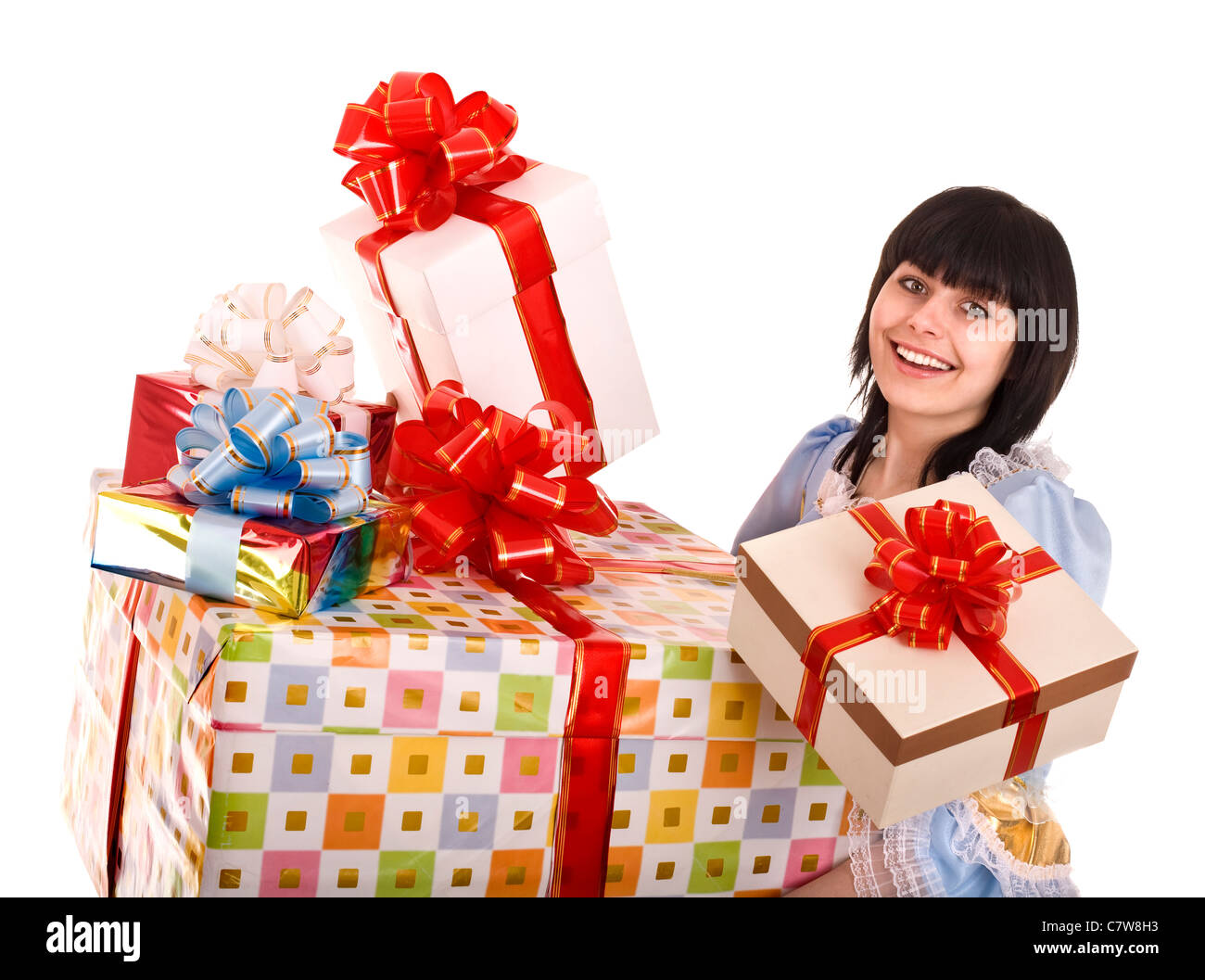 Beautiful girl with group of gift box Stock Photo - Alamy