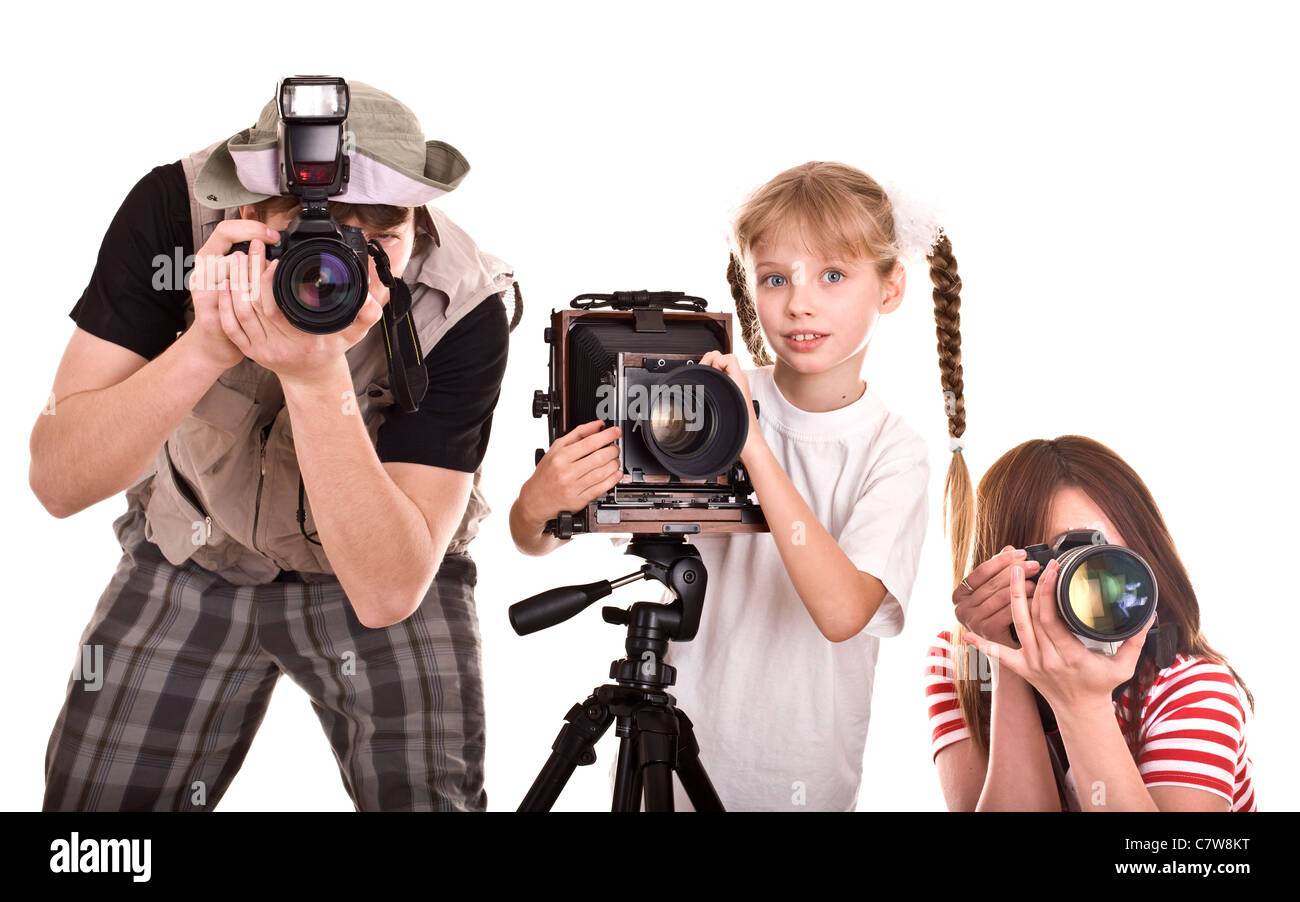 Happy family with three camera Stock Photo - Alamy