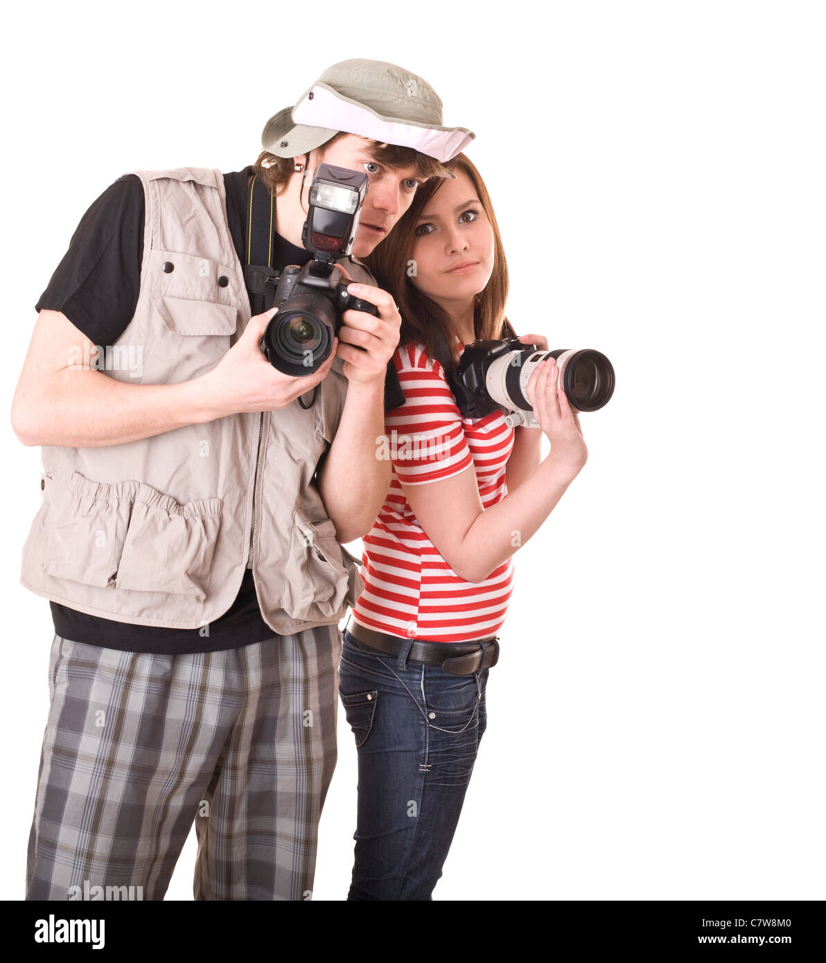 Photographer couple with digital camera Stock Photo - Alamy