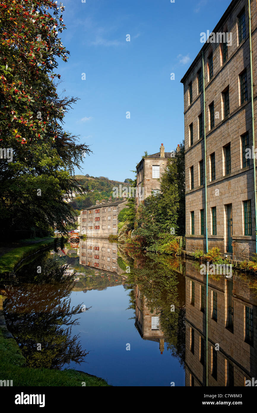 Canal side buildings on the Rochdale Canal at Hebden Bridge, West ...
