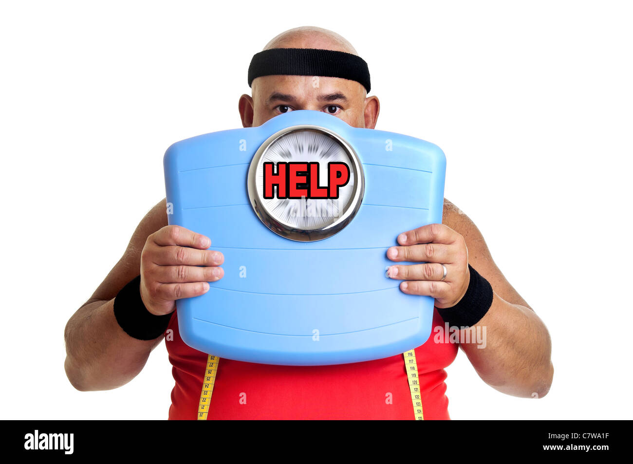 Large fitness man with weight scale isolated in white Stock Photo - Alamy