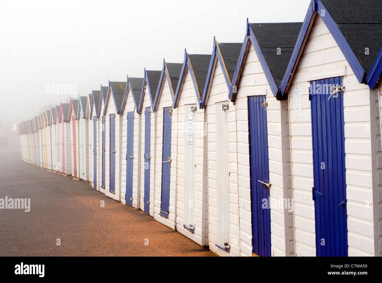Beach Huts in Haar,Sea mist,Paignton,Devon,out of season,In meteorology ...