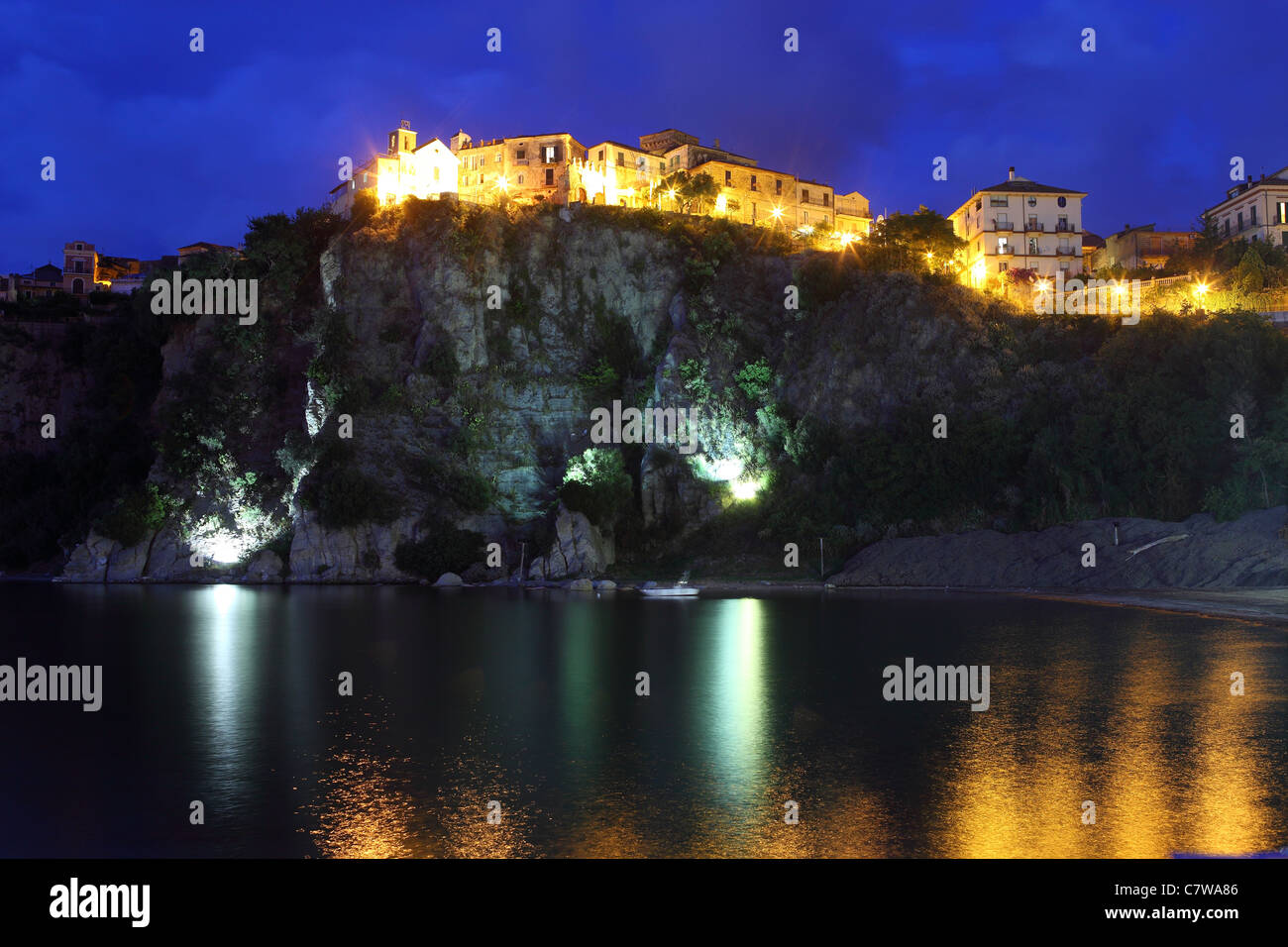 Italy, Campania, Cilento, Agropoli Village and Harbour at Dusk Stock ...